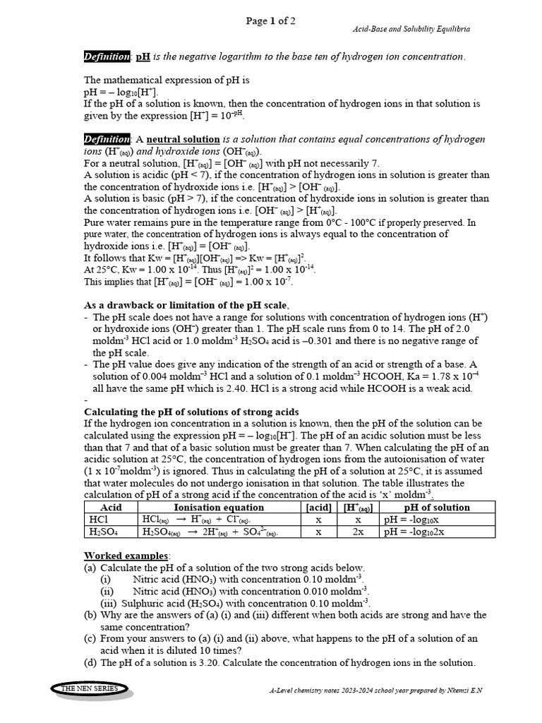 A-Level Chemistry: pH & Equilibria | PDF | Ph | Acid