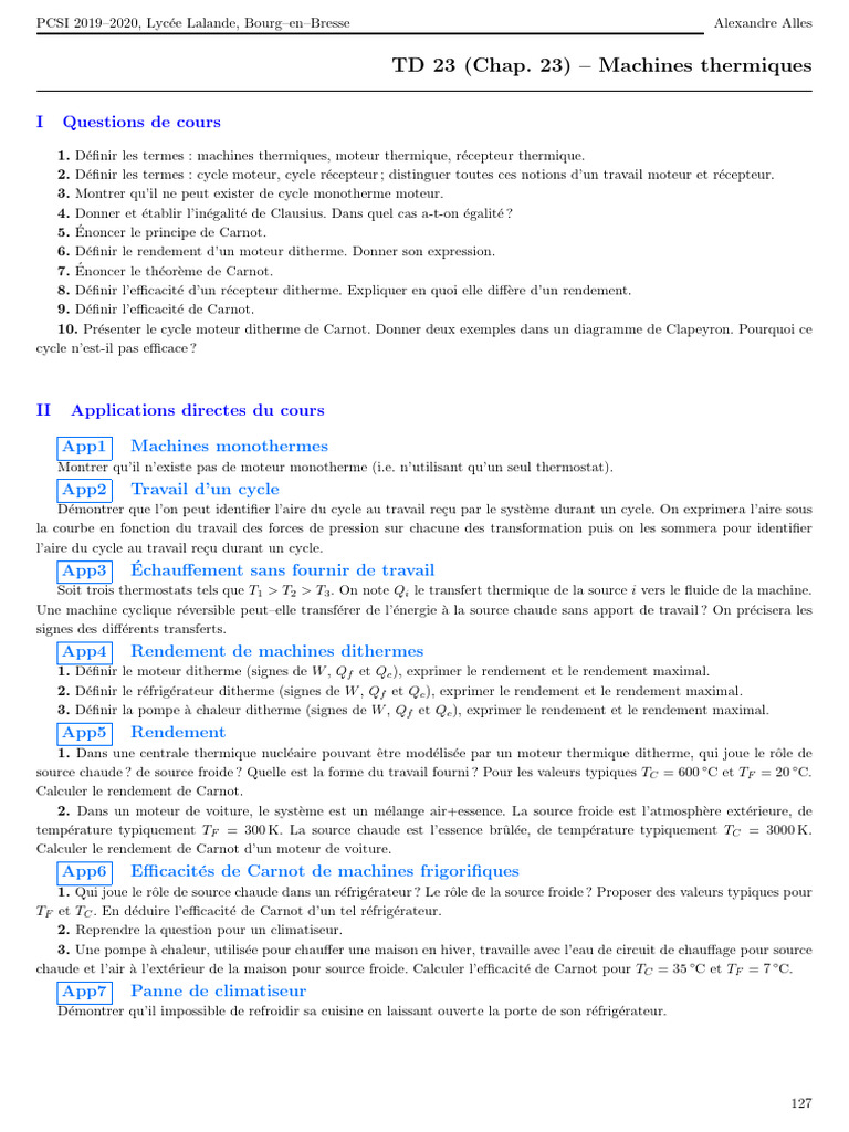Machines thermiques : TD 23 PCSI 2019-2020 | PDF | Chaleur | Pompe à ...