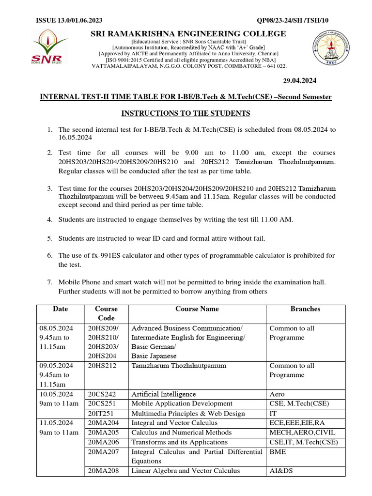 I-BE/B.Tech & M.Tech Exam Timetable | PDF | Electronic Engineering | Electrical Engineering