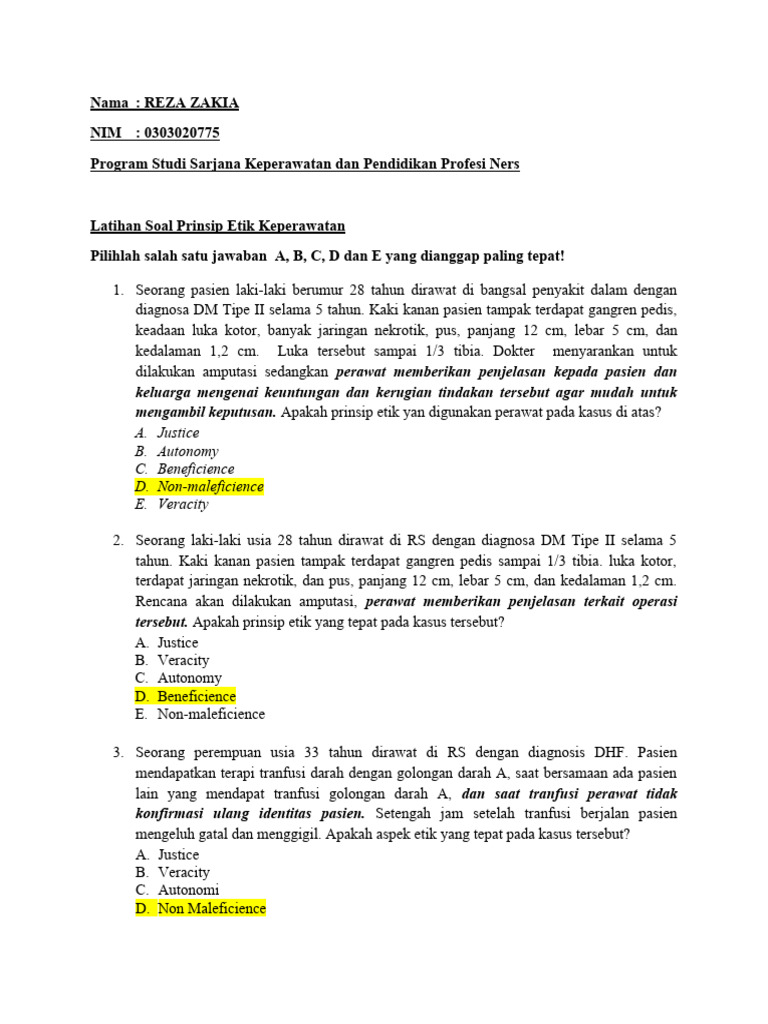 Reza+Zakia Reza+Zakia+Kmb - ii+Soal+Latihan+Tugas+Etik+Keperawatan | PDF