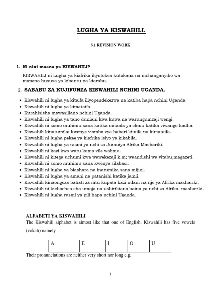 Kiswahili s.1 Notes 2020 | PDF