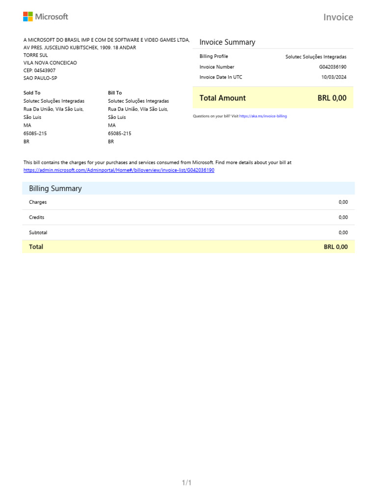 Microsoft Invoice G042036190 Summary | PDF | Finance & Money Management