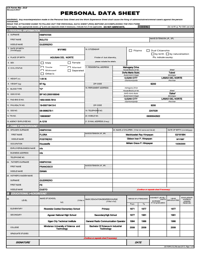 CS Form No. 212 Revised Personal Data Sheet CY2017 | PDF | Emergency ...
