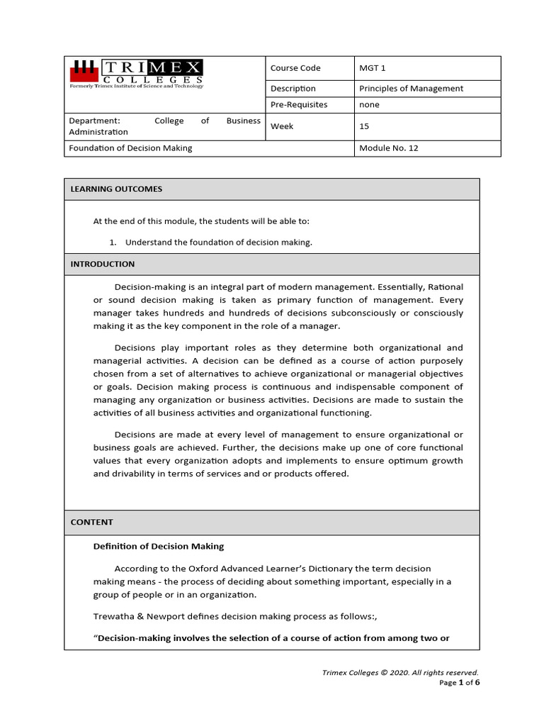 Module 12 MGT1 | PDF | Risk | Decision Making