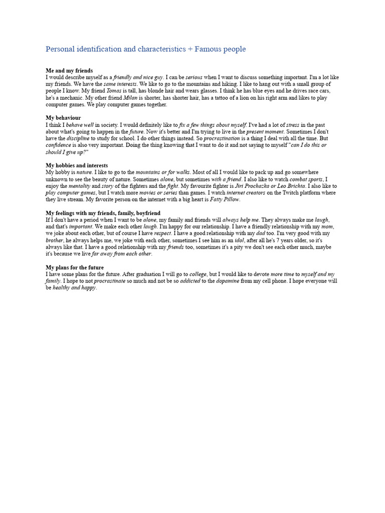 Personal Identification and Characteristics + Famous People: Me and My ...