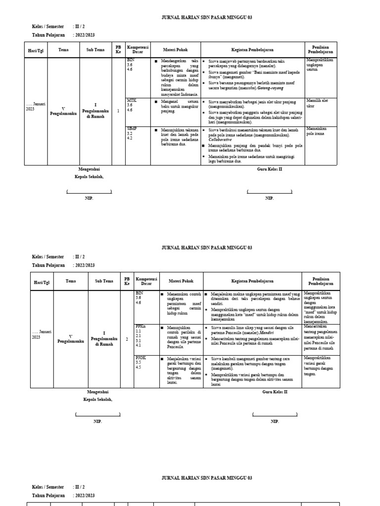 Jurnal Harian Kelas 2 Tema 5 | PDF