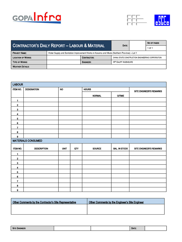 Contractor Daily Report - Final | PDF | Water Supply | Civil Engineering