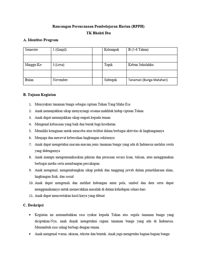 RPPH Tema Tanaman Bunga Matahari TK | PDF