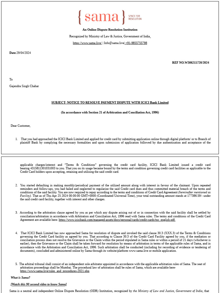 ICICI Bank Payment Dispute Notice | PDF | Arbitration | Credit Card