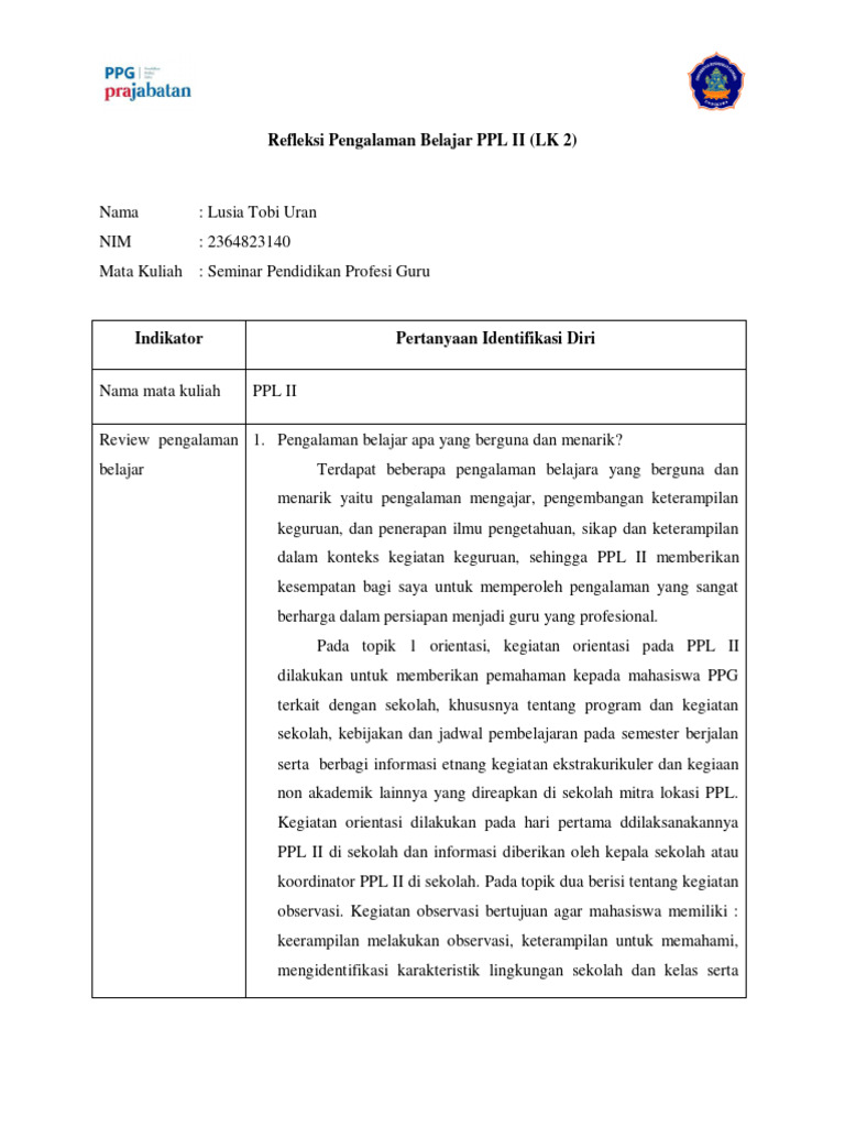 Jurnal Refleksi Pengalaman Belajar Ppl Ii Lusia Tobi Uran Seminar Ppg Pdf