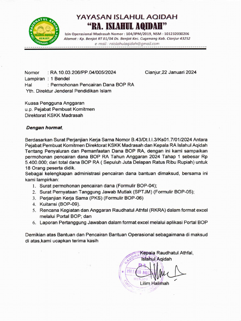 Permohonan Pencairan BOP RA Tahap I 2024 | PDF