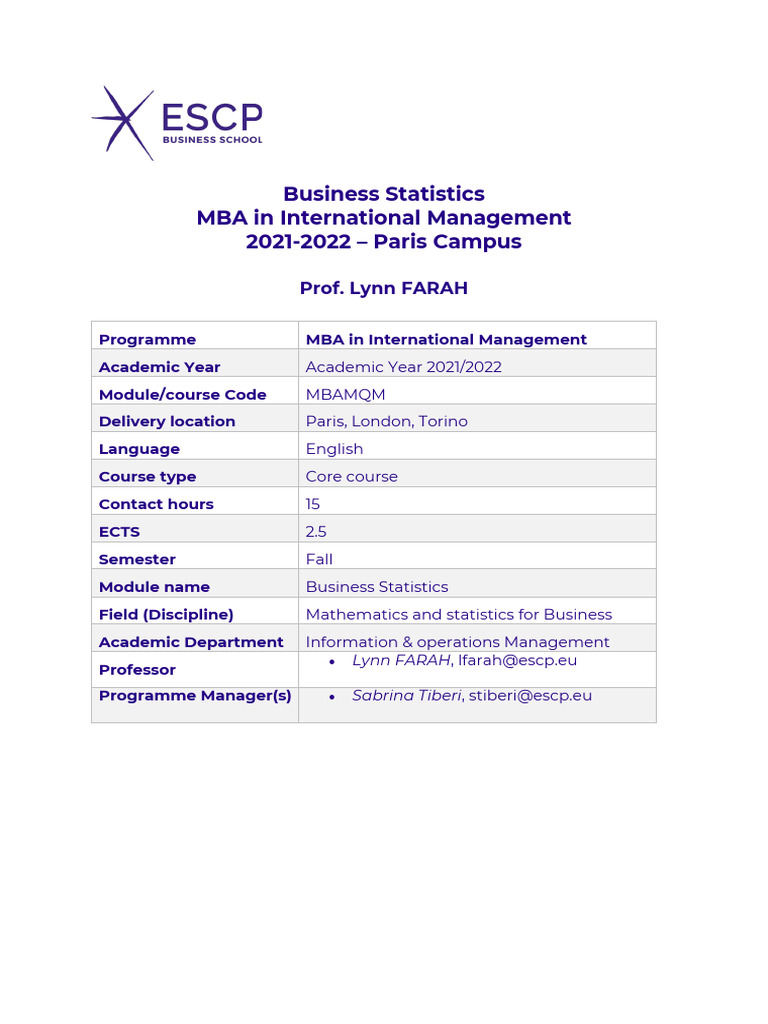 BS MBA - Syllabus 21-22 Paris | PDF | Statistics | Analysis