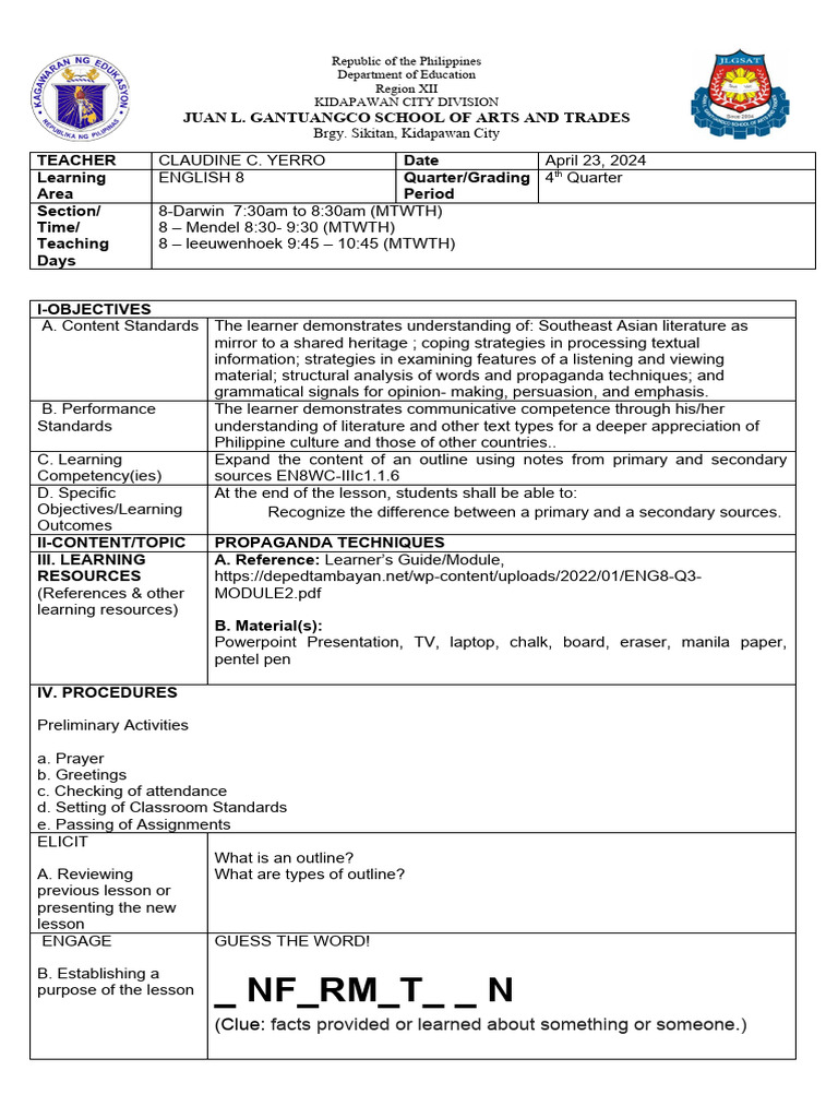 Eng 8 LP Grammatical Signals Idea Dev | PDF | Information | Learning