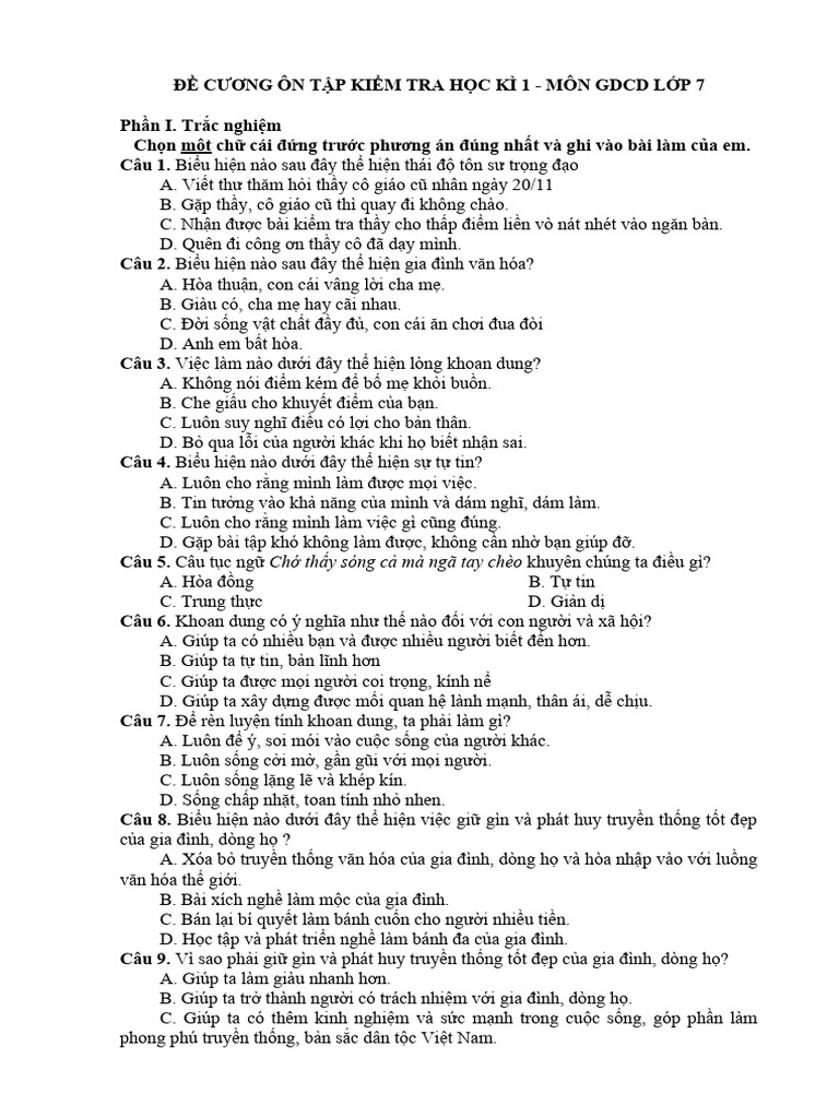 Đề cương ôn tập KTHK 1 - GDCD | PDF