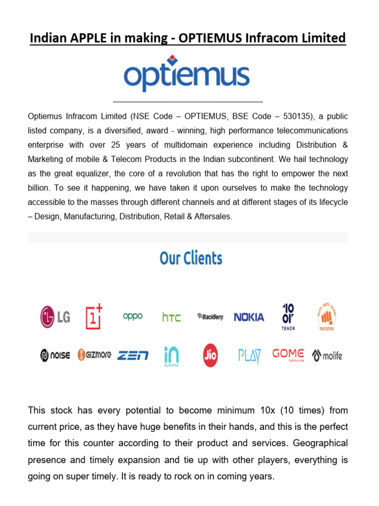 Optiemus Infracom: India's Telecom Leader | PDF | Apple Inc. | Smartphone