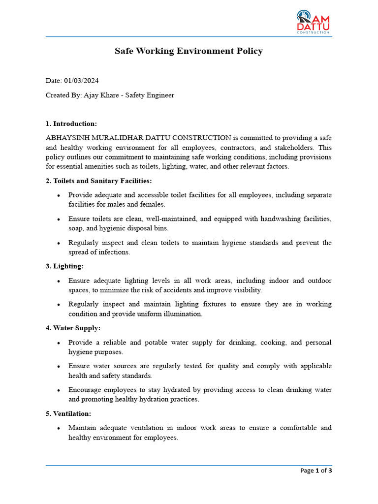 Safe Working Environment Policy | PDF | Human Factors And Ergonomics ...