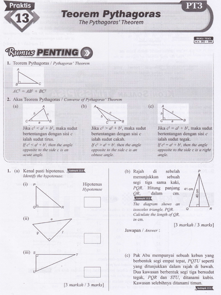 Form 1 Math The Pythagoras Theorem Pdf