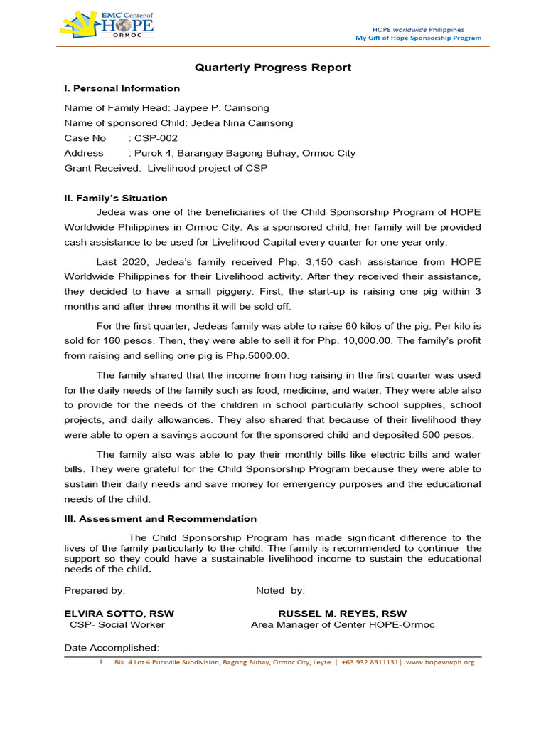 8.-Jedea-Niña-R.-Cainson-Quarterly-Progress-Report-sample | PDF | Economies