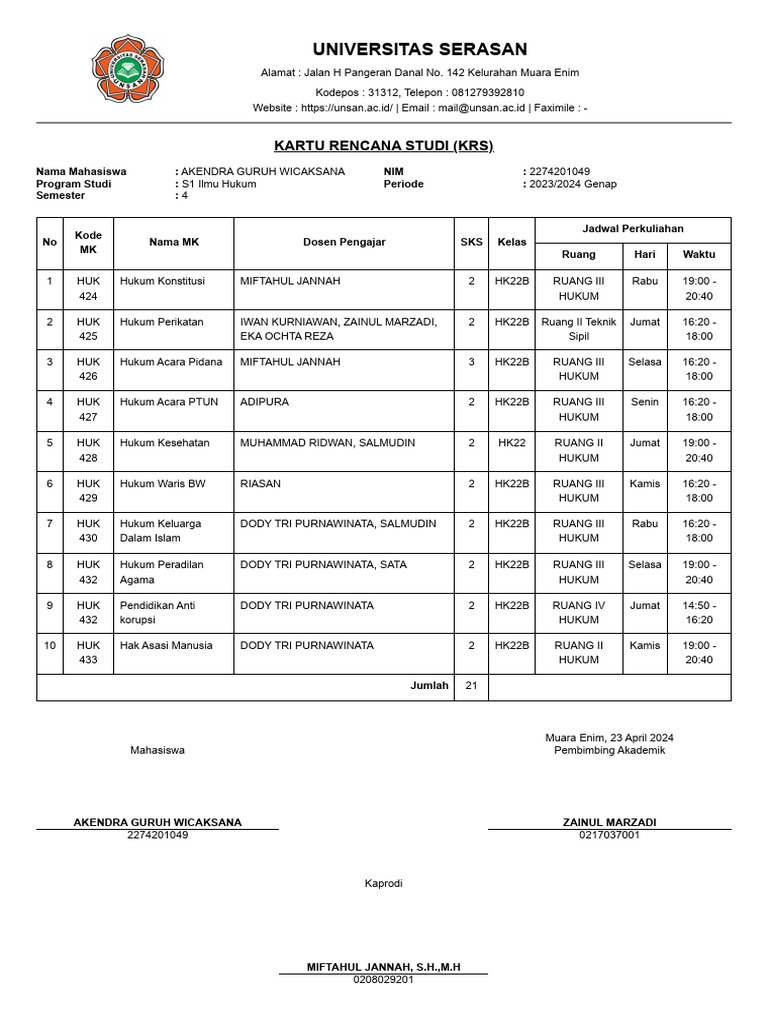 Cetak Laporan KRS Mahasiswa S4 Akendra | PDF