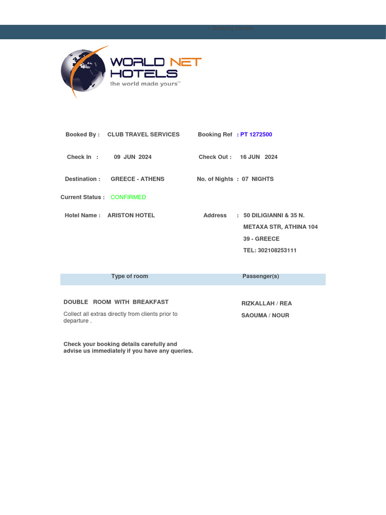 Athens Hotel Booking Confirmation | PDF