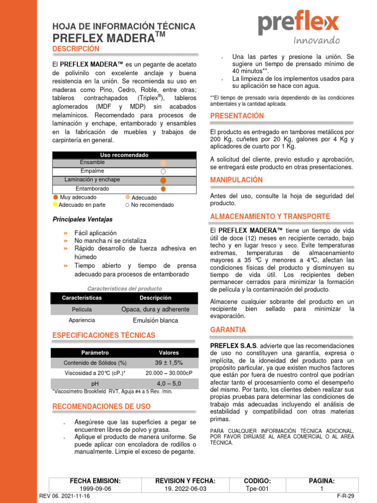 Tpe-001 Preflex Madera Rev. 19 | Descargar gratis PDF | Madera