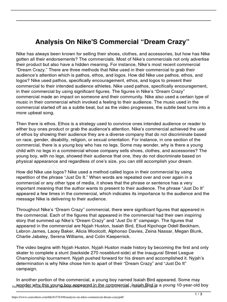 Nike's "Dream Crazy" Ad Analysis | PDF | Nike | Television Advertisement