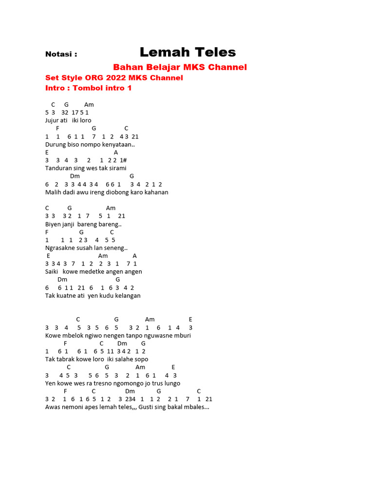 Notasi Lagu Lemah Teles MKS Channel | PDF