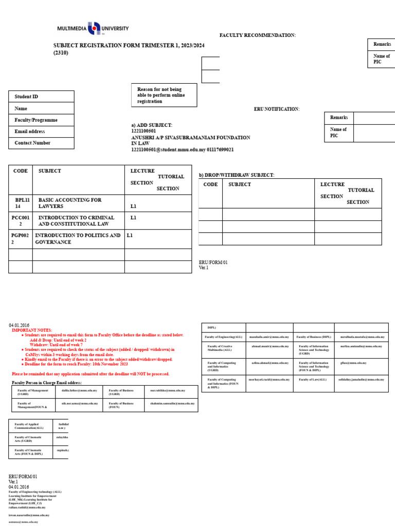 b18862 - Subject Registration - Manual Form - 2310 2 | PDF | Computing