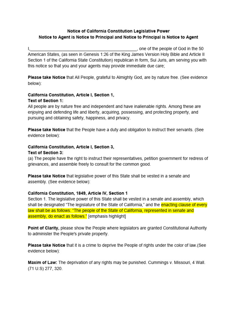 Notice of California Constitution Legislative Power | PDF | Affidavit ...