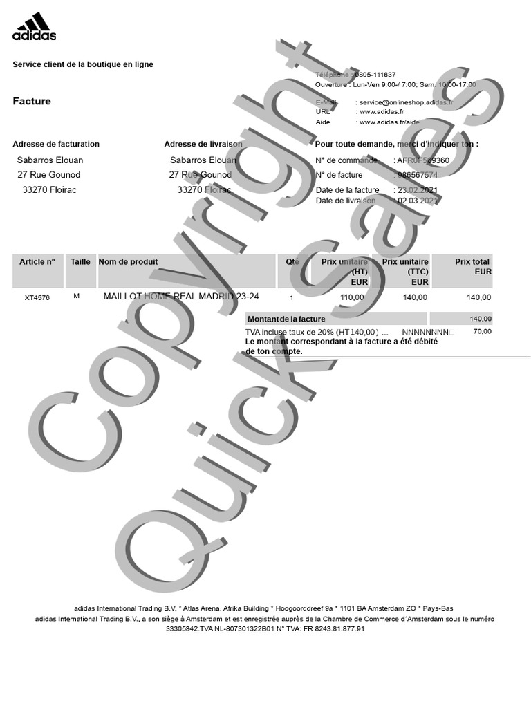 Facture d'achat Adidas en ligne | PDF | Commerce | Financement du ...