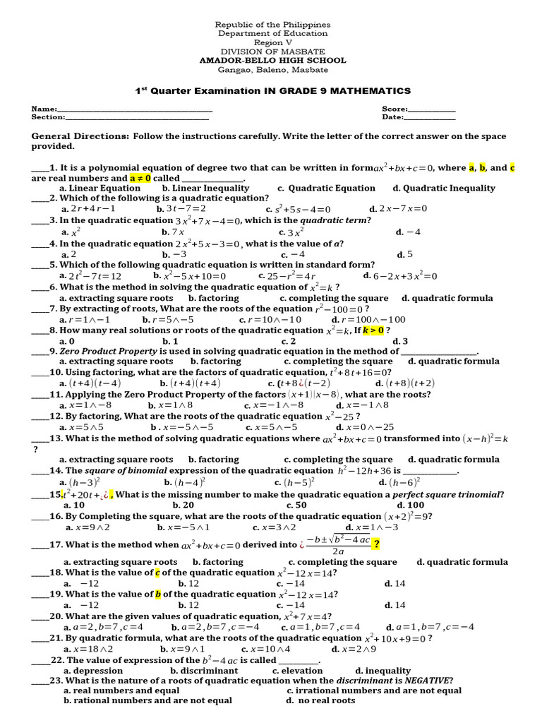 Grade 8 and Grade 9 1st Quater Exam | PDF | Quadratic Equation | Equations