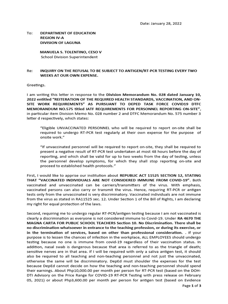 REFUSAL LETTER ANTIGEN TESTING FINAL | PDF | Vaccines | Constitution