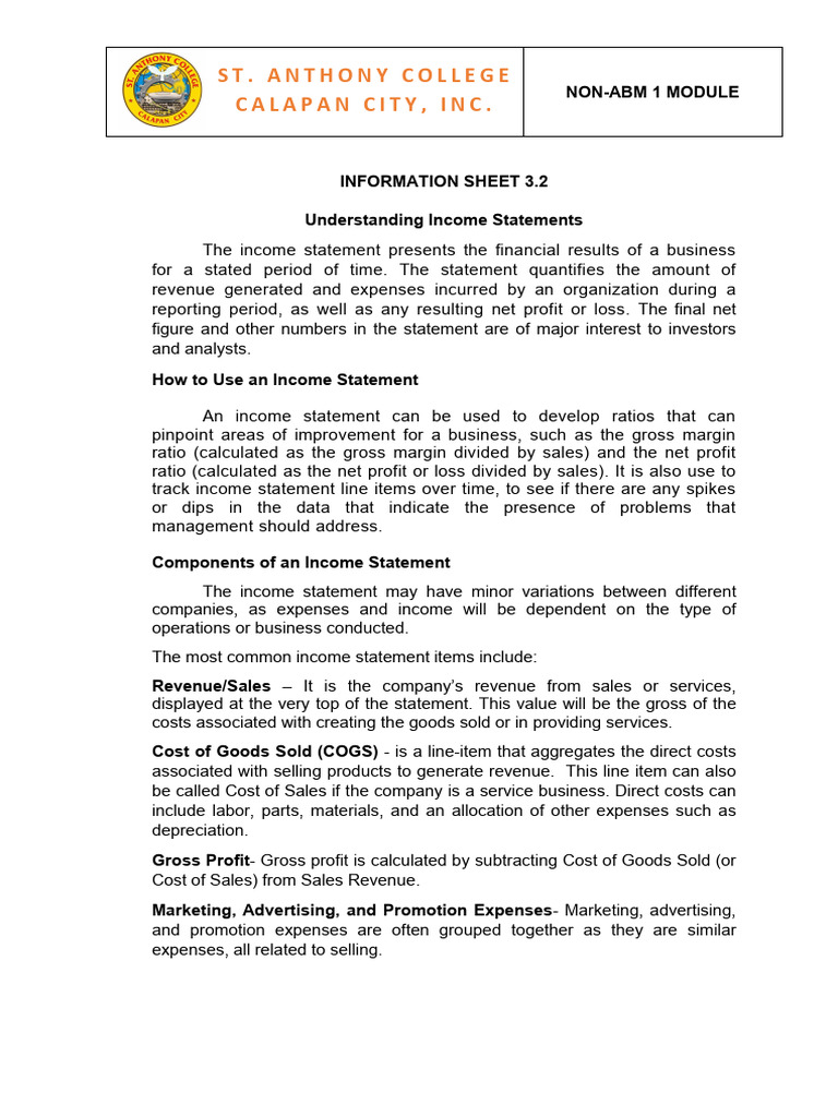NON-ABM-1-INFORMATION-SHEET-3.2 | PDF | Expense | Income Statement