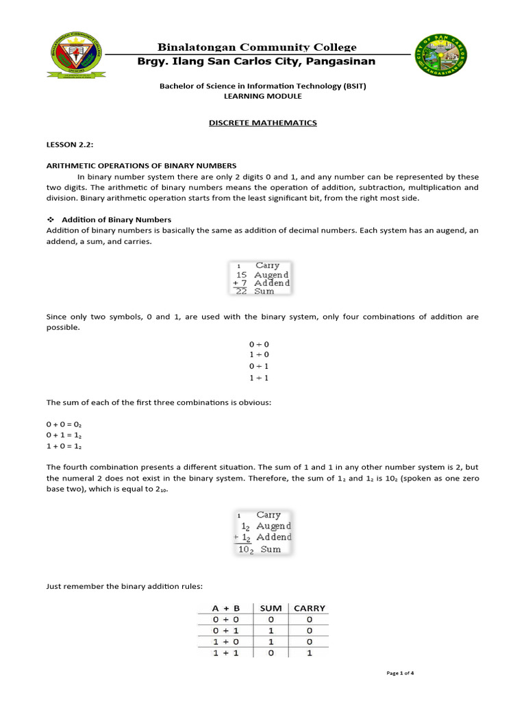 6 Midterm Lesson 22 Arithmetic Operations Of Binary Numbers Pdf Subtraction Arithmetic