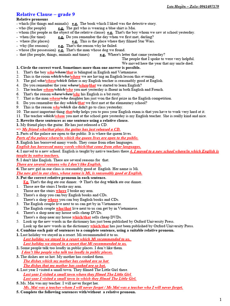 Relative Clause – grade 9-KEYS | PDF | English Language | Sentence (Linguistics)