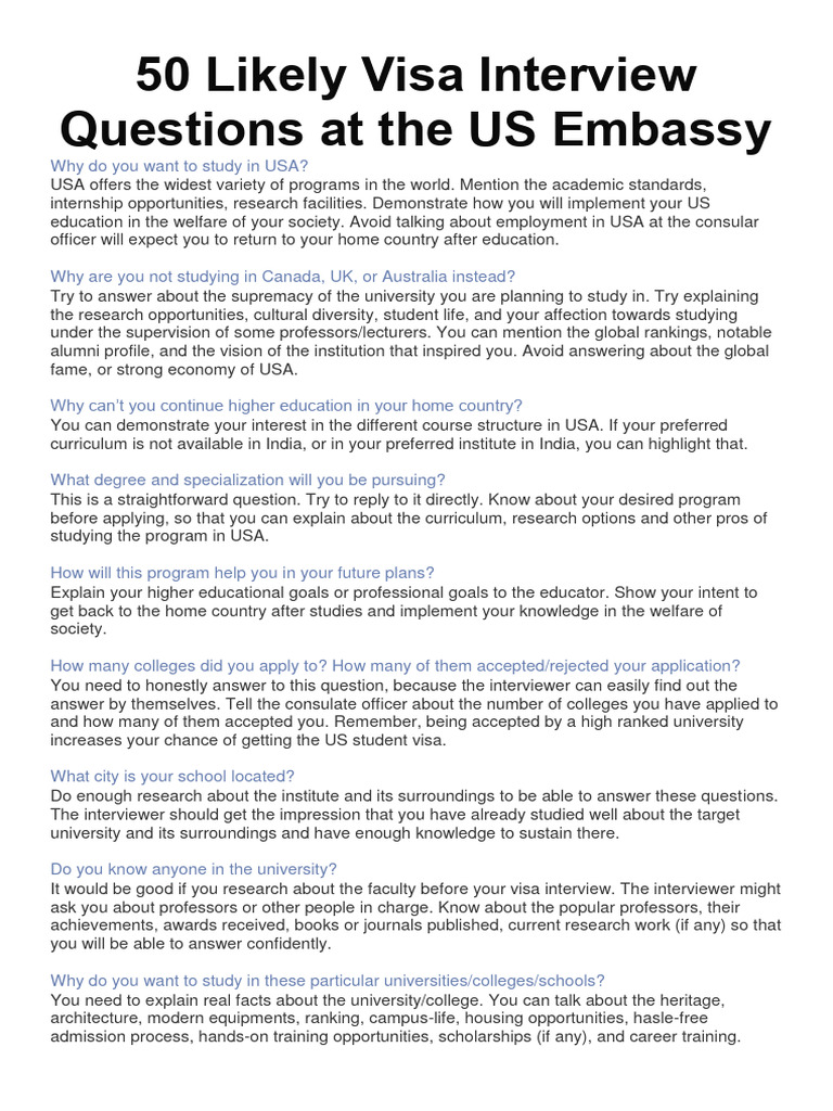 50 Likely Visa Interview Questions at The US Embassy | PDF | Travel Visa | Curriculum