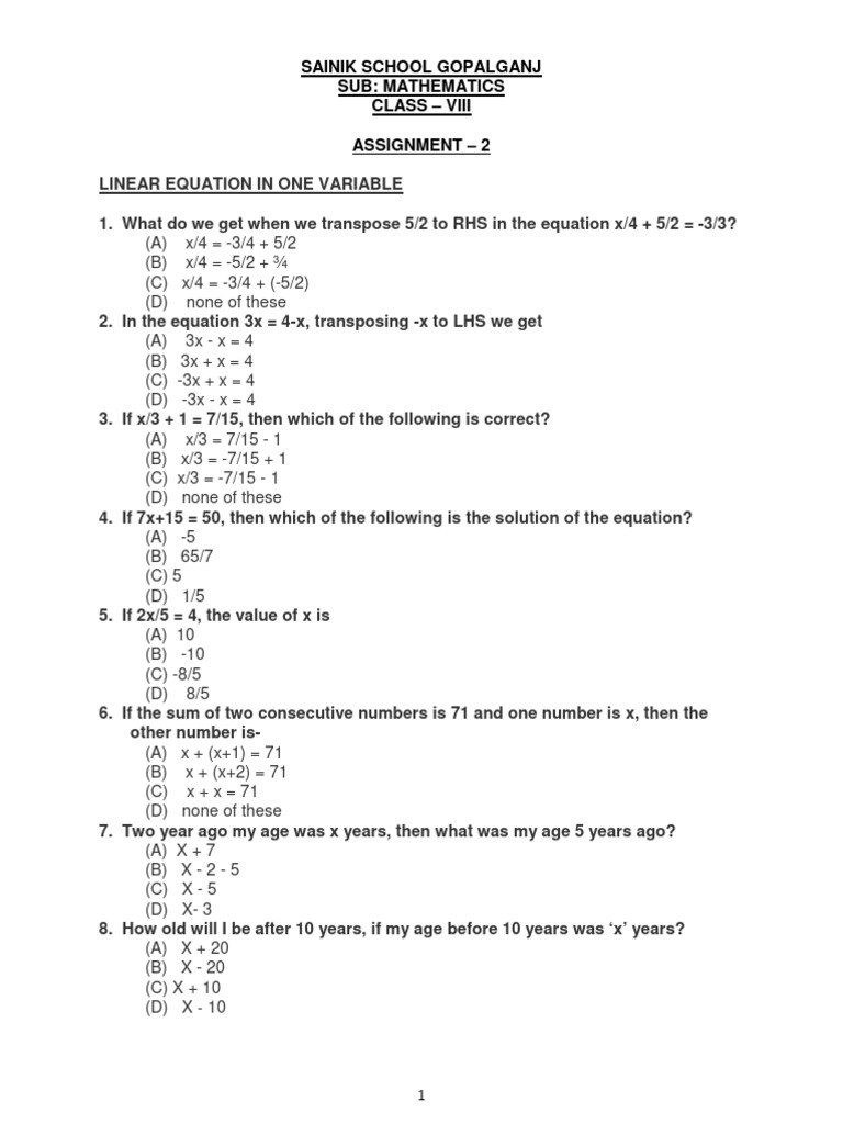 Linear Equations Worksheet 2 Class 8 | PDF | Numbers | Equations