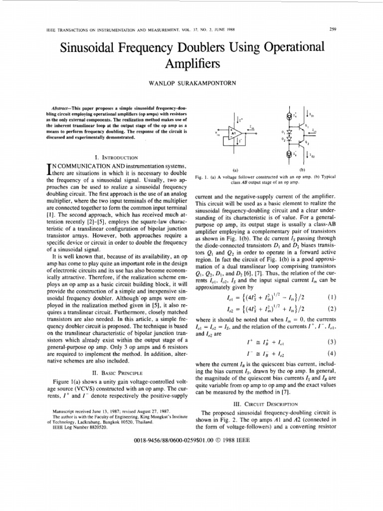 Sinusoidal Frequency Doublers Using Operational Amplifiers Surakampontorn 1988 | PDF | Amplifier ...