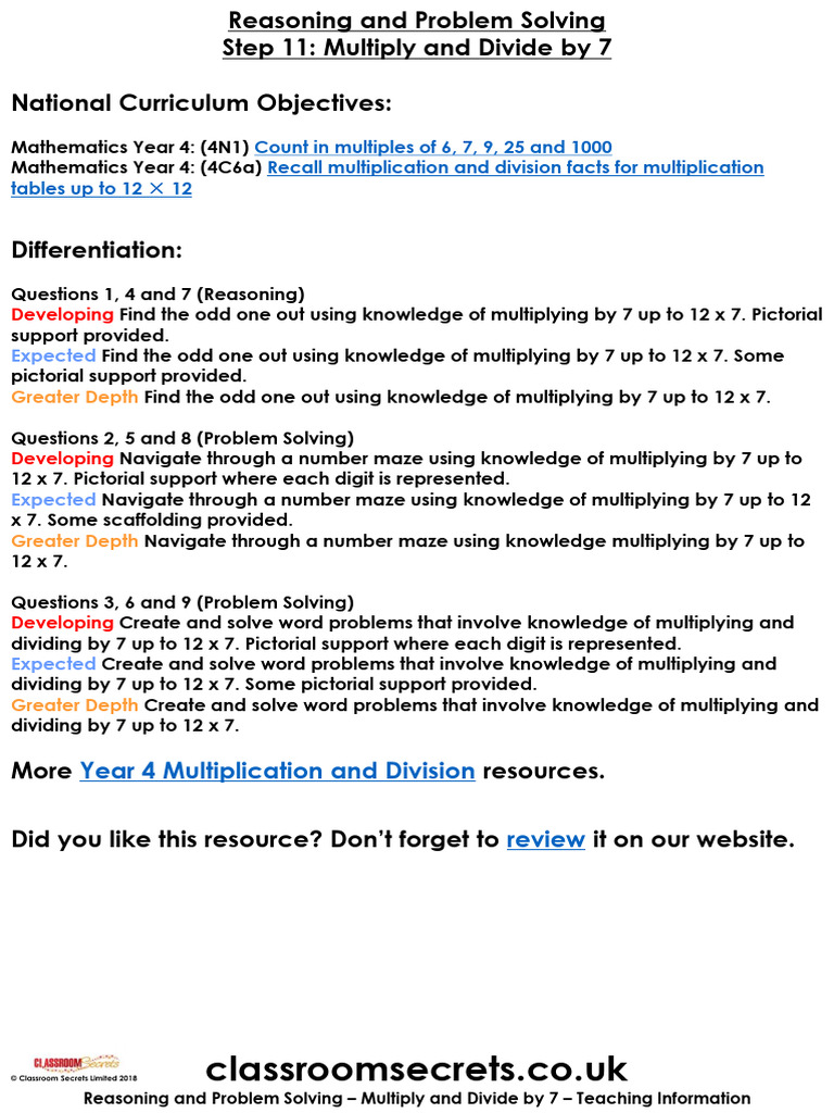 Year 4 Autumn Block 4 Step 11 Rps Multiply And Divide By 7 Download