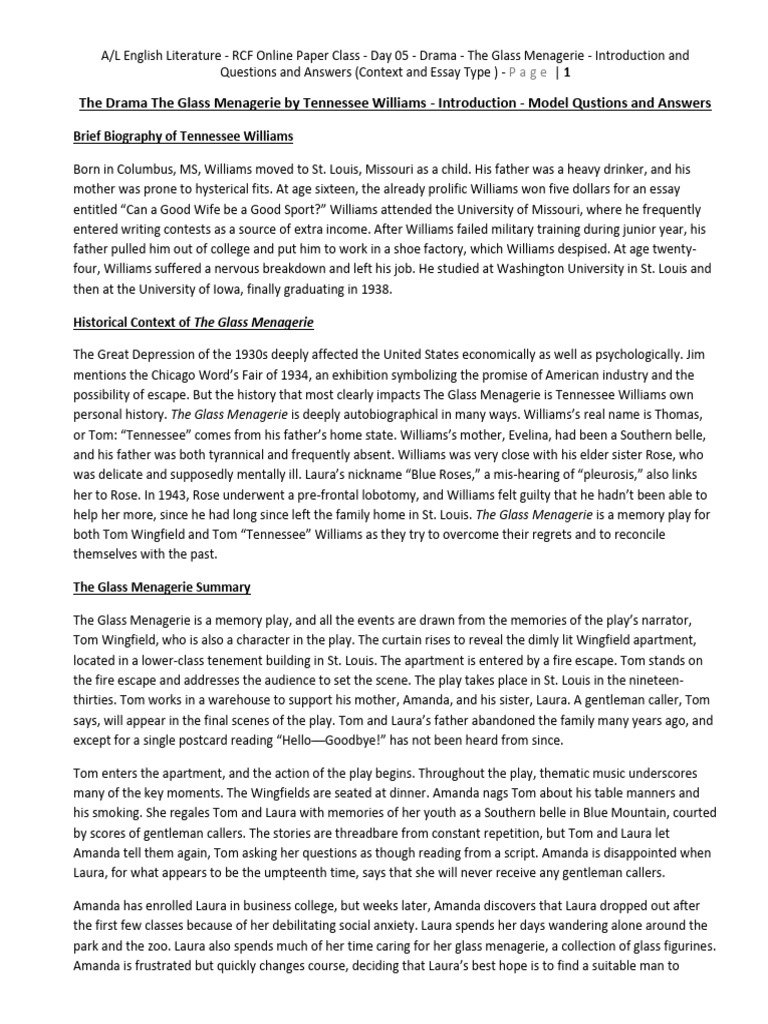 The Glass Menagerie: Context and Analysis | PDF