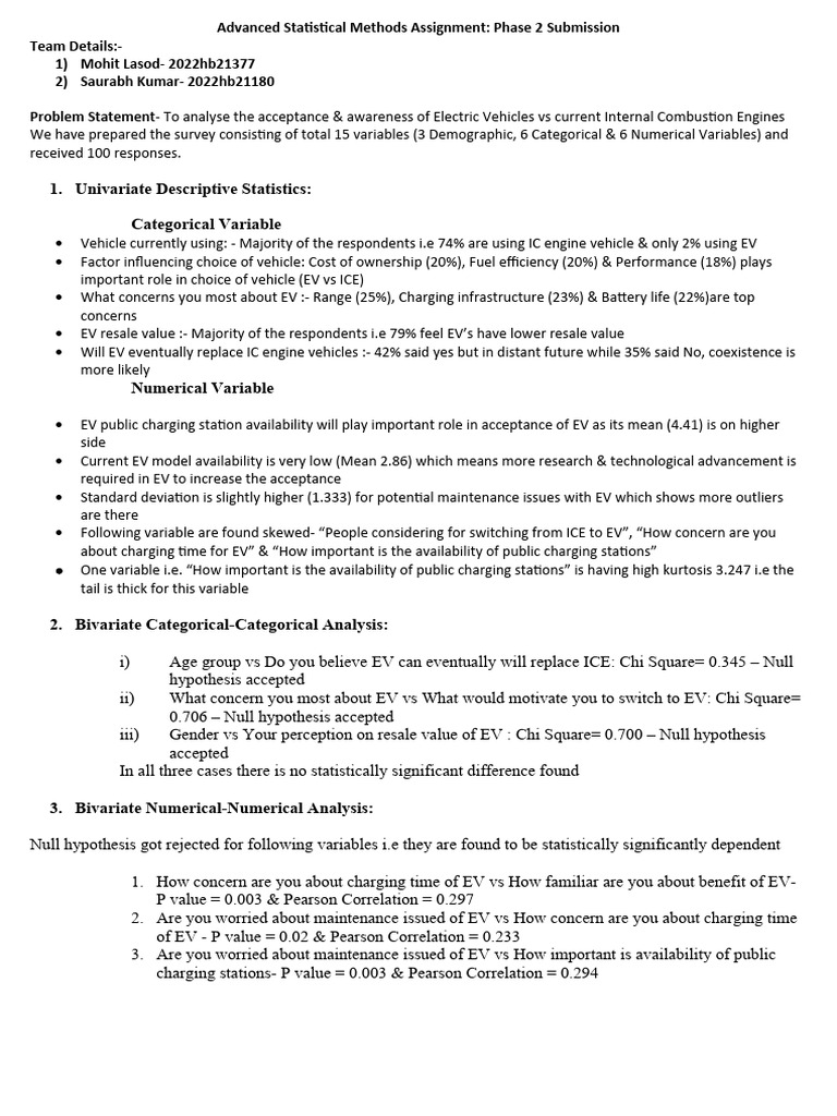 Advanced Statistics Methods Assignment | PDF | Electric Vehicle | P Value