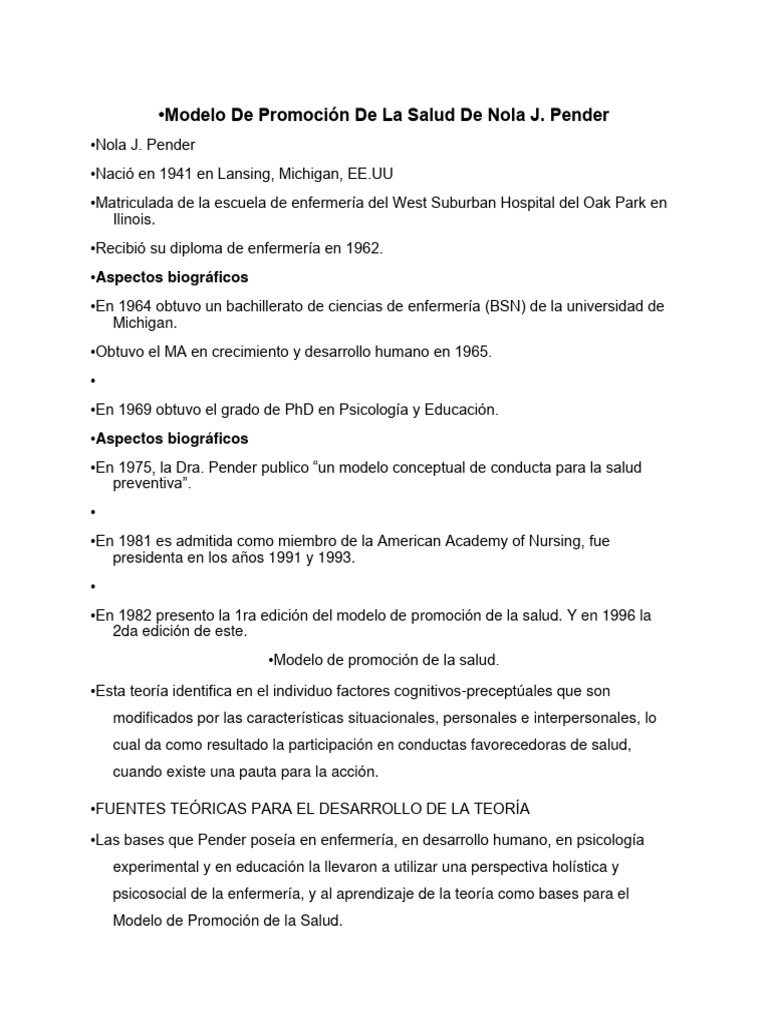Modelo de Promoción de Salud de Pender | PDF | Comportamiento | Enfermería