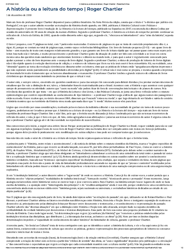 A história ou a leitura do tempo _ Roger Chartier - Resenha Crítica ...
