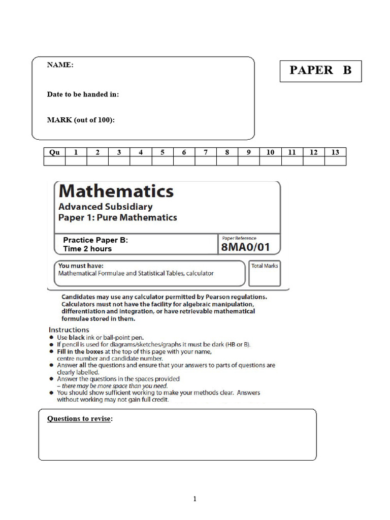 03 As Pure Mathematics Practice Paper B | PDF | Equations | Cartesian ...