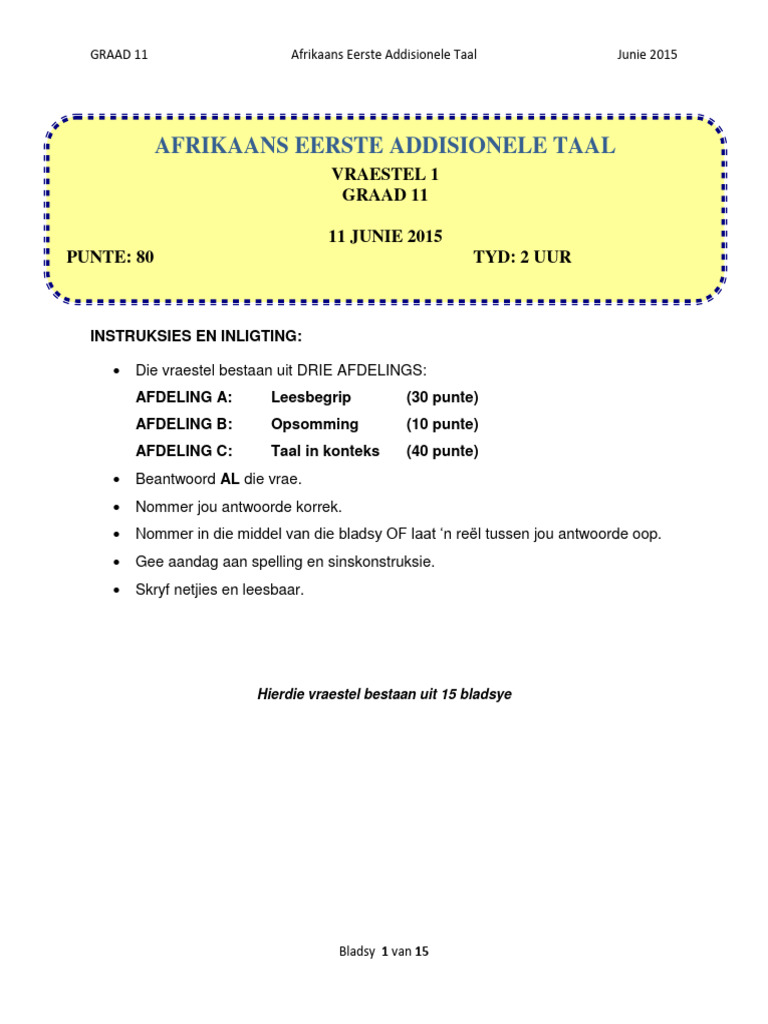 2015 AFRIKAANS EAT GR 11 V1 Gauteng | PDF