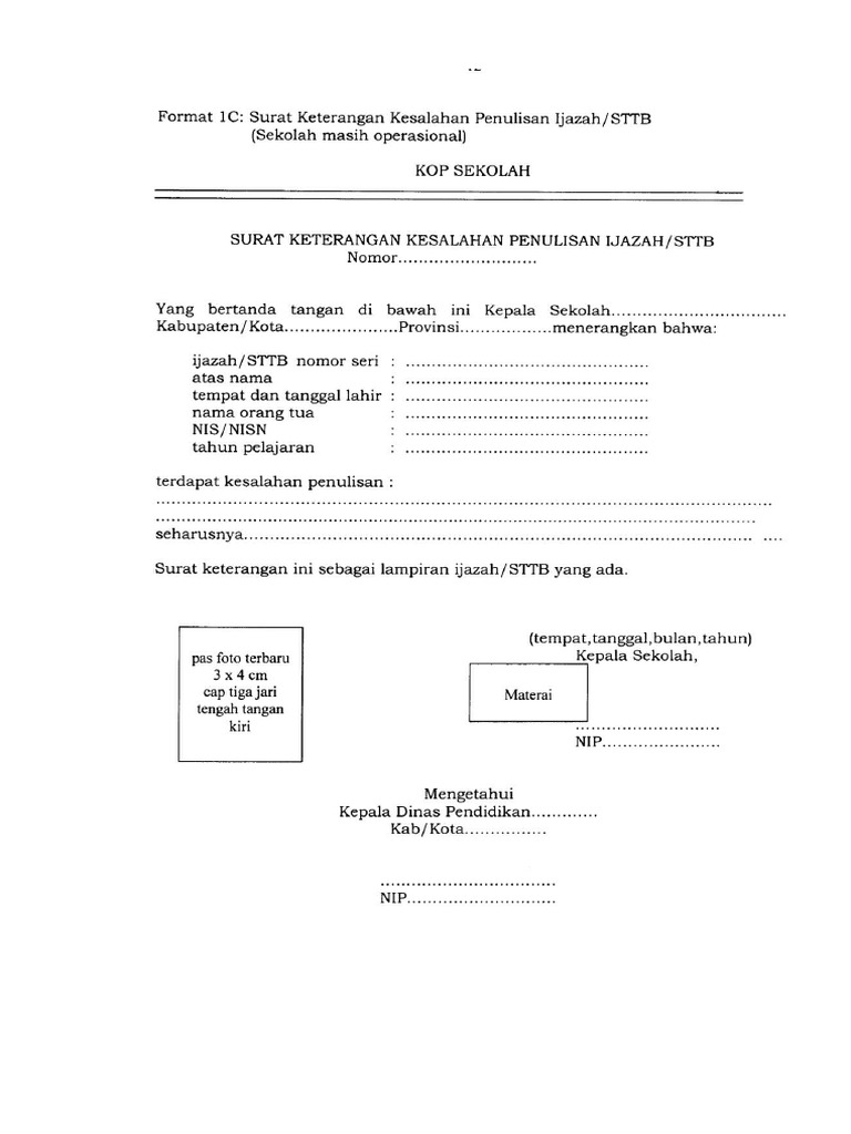 Contoh Keterangan Salah Tulis STTB | PDF