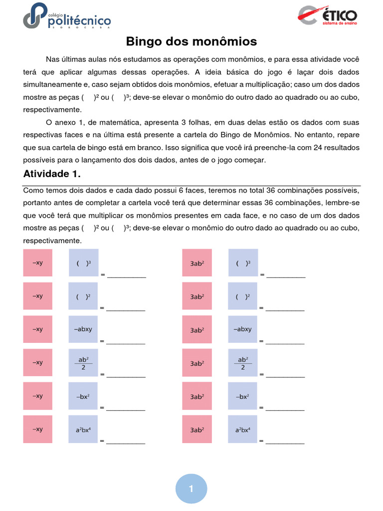 2018 Bingo Dos Monômios 8º Ano | PDF | Matemática