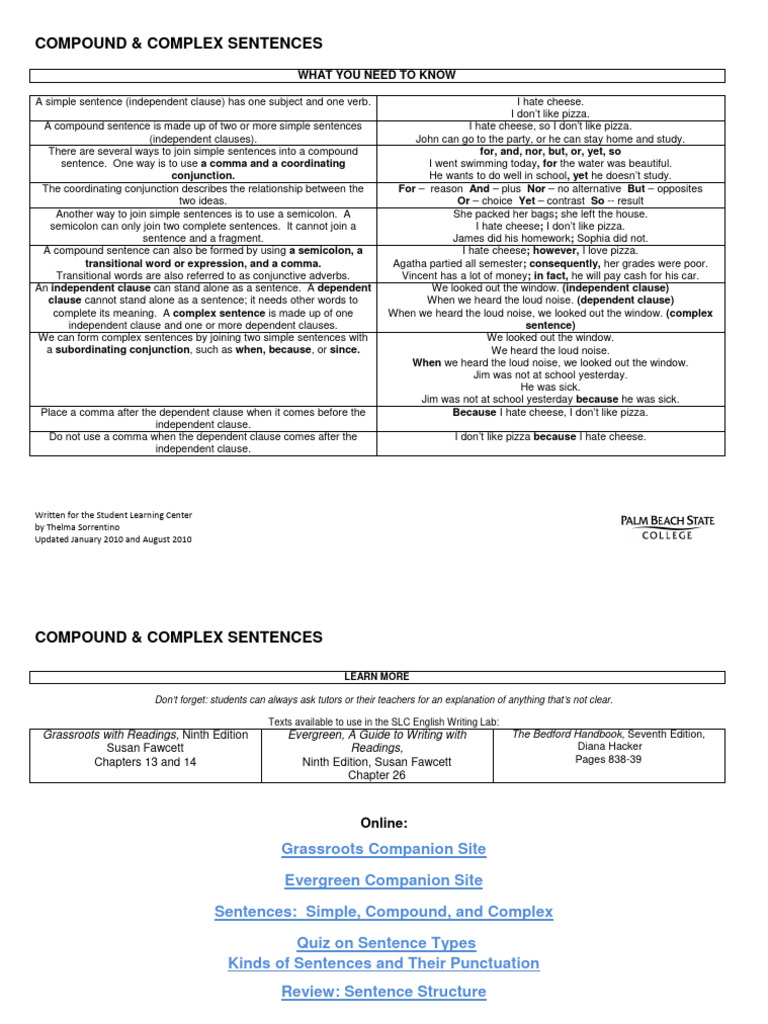 Compoundcomplexsentences Reminder Sheet | PDF | Language Mechanics | Syntax Compoundcomplexsentences Reminder Sheet | PDF | Language Mechanics | Syntax