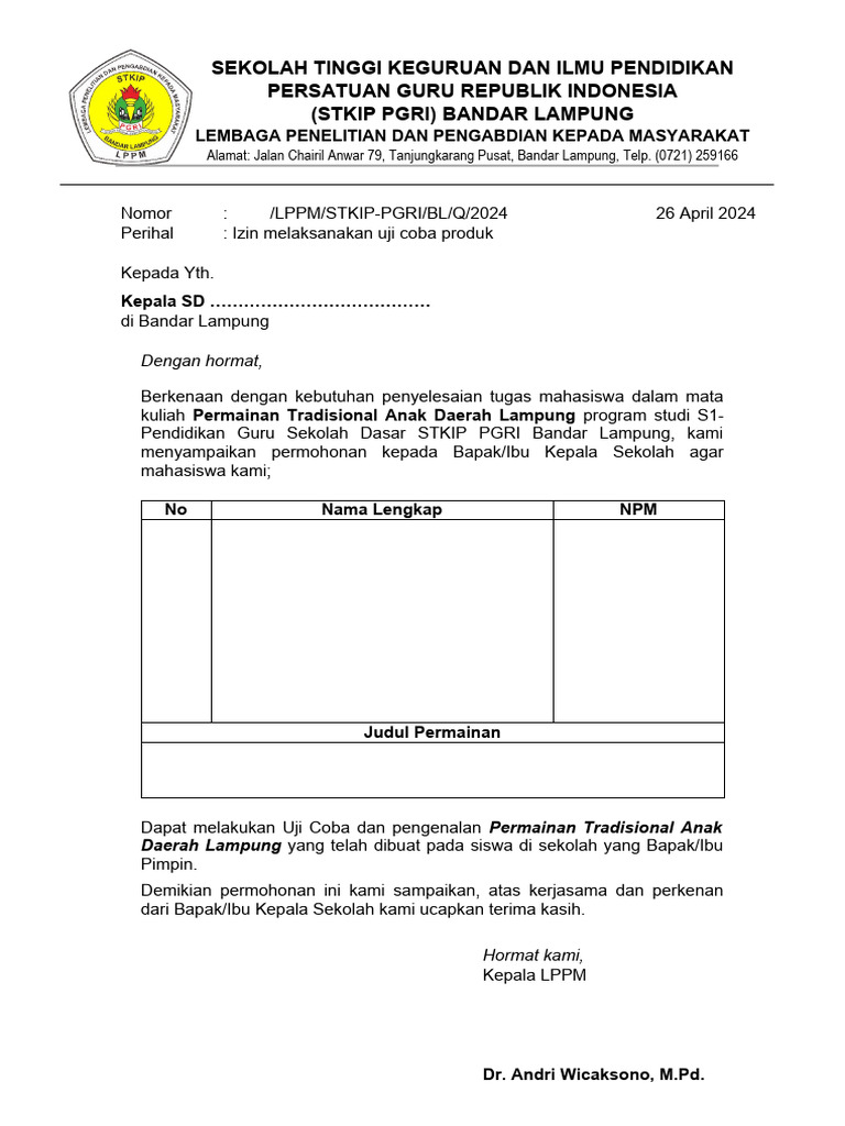 Surat Ijin Penelitian Observasi Uji Coba Dari LPPM Ke Sekolah | PDF ...