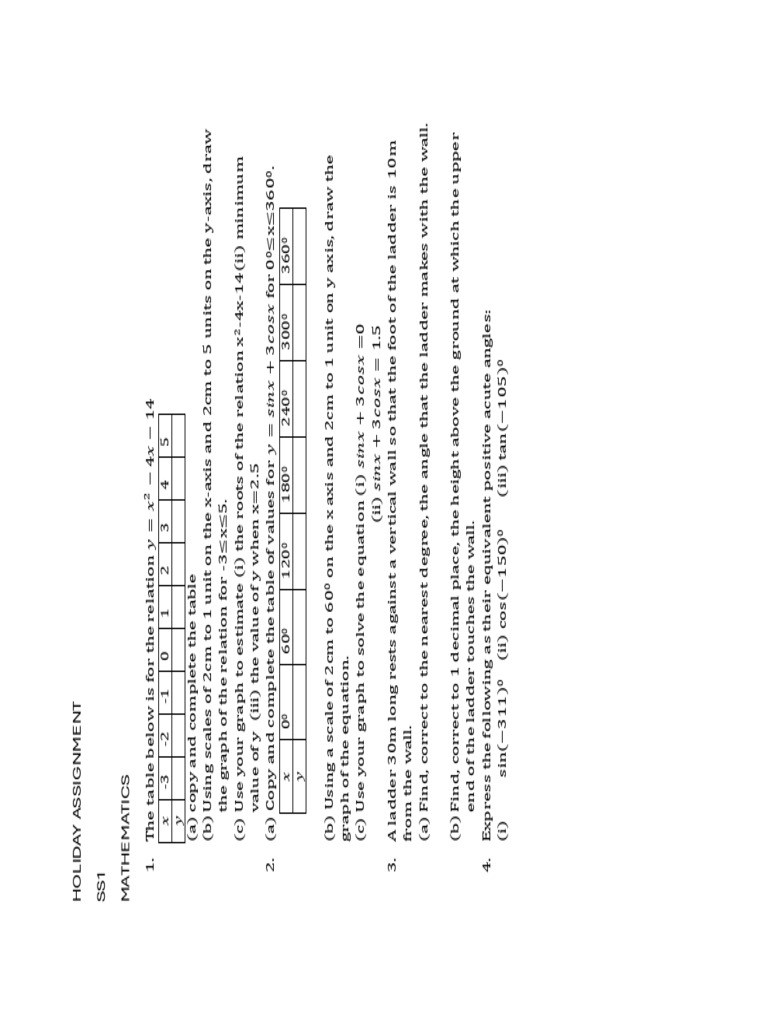 Ss1 Mathematics Holiday Assignment | PDF | Cartesian Coordinate System ...